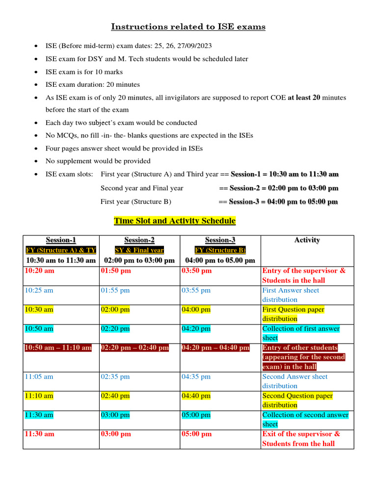 ISE Exam Schedule and Guidelines 2023 | PDF
