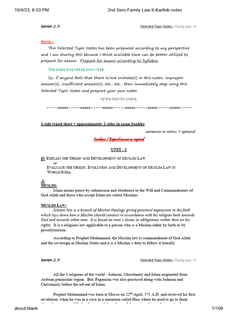 2nd Sem Family Law II Karthik Notes | PDF | Quran | Islam