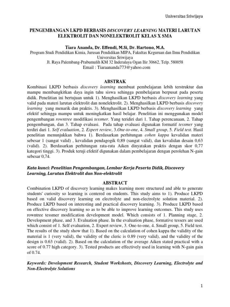 Pengembangan LKPD Berbasis Discovery Learning Materi Larutan Elektrolit ...