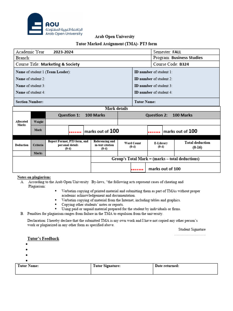 B324 PT3 TMA Form - Branches - FALL 2023-2024 | PDF
