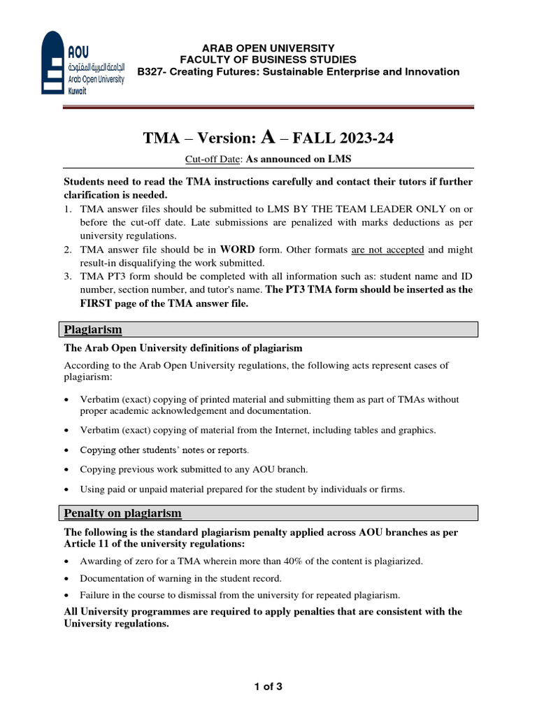 b327 - Tma - Version A - Fall 2023-24 | PDF | Plagiarism | Understanding