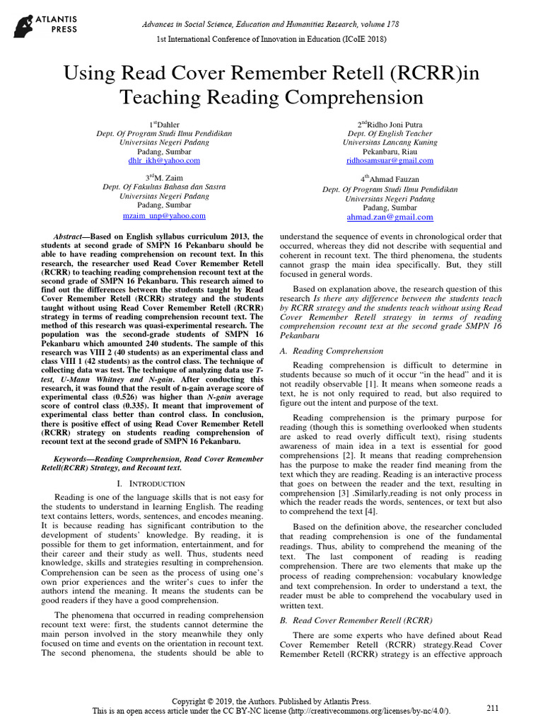Using Read Cover Remember Retell (RCRR) in Teaching Reading Comprehension | PDF