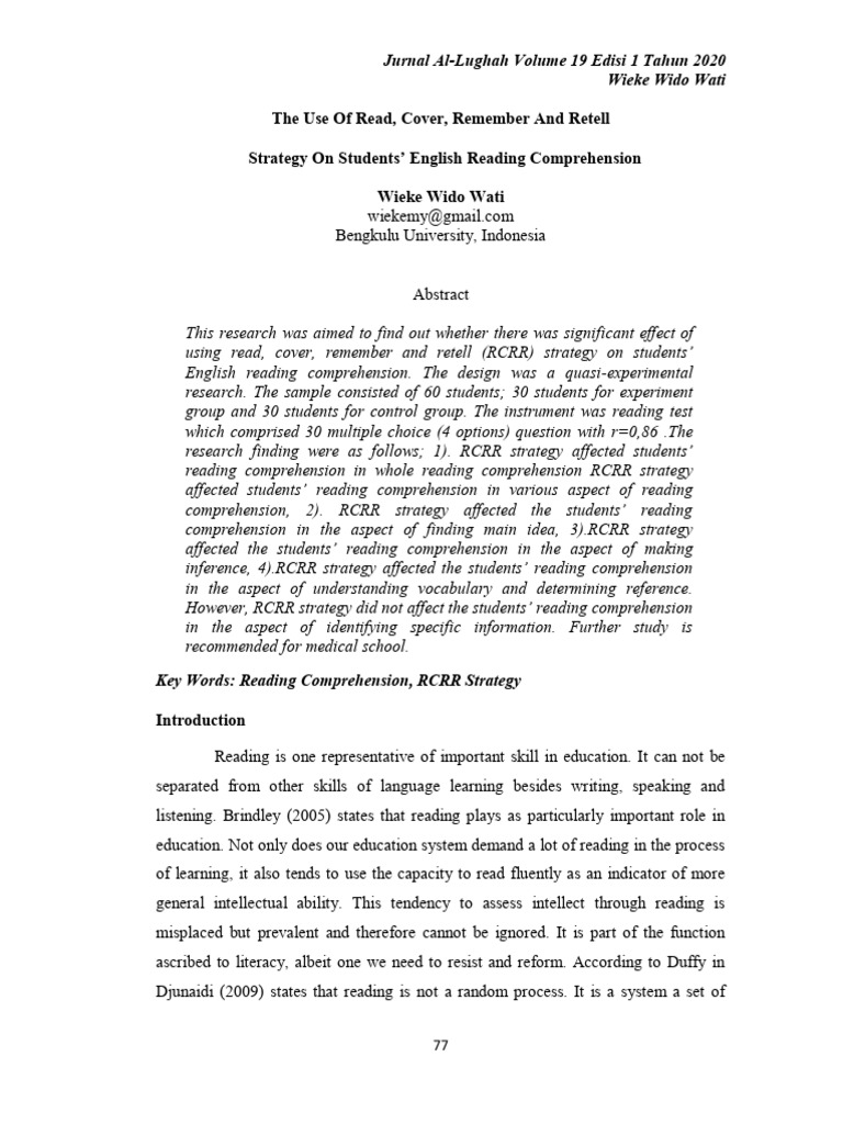 the use pd RCRR strategy on students english reading comprehension | PDF | Reading Comprehension ...