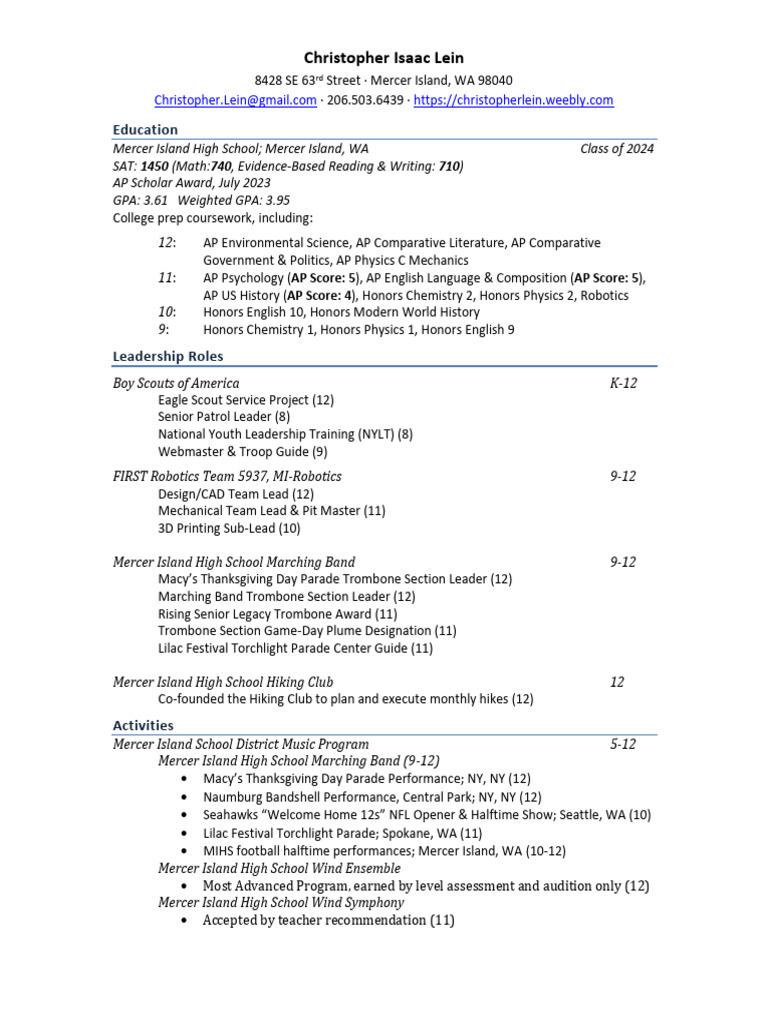 Christopher Lein Class of 2024 Resume Aug 23 2023 | PDF | Scouting ...