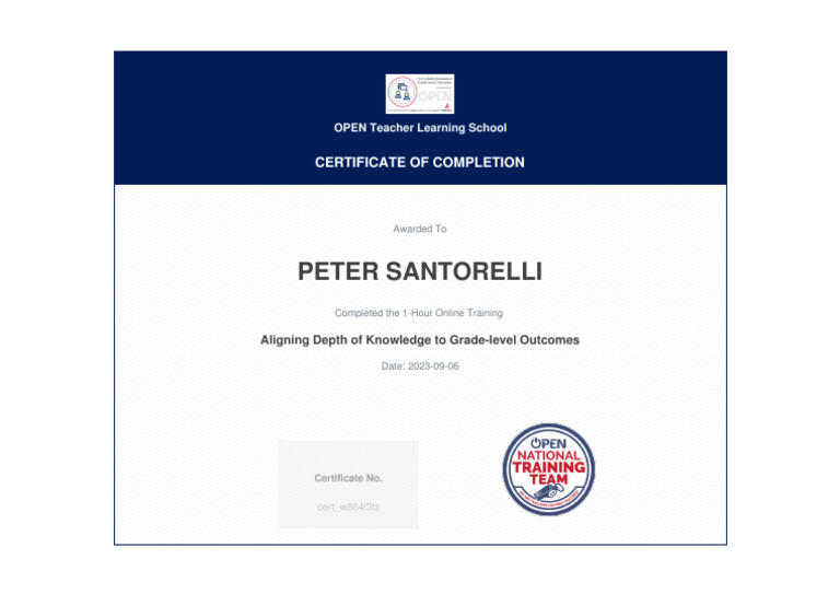 Certificate of Completion For Aligning Depth of Knowledge To Grade ... Certificate of Completion For Aligning Depth of Knowledge To Grade ...