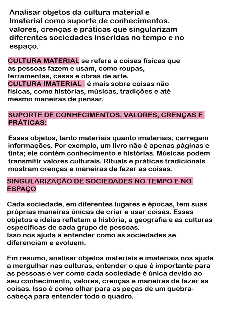 Cultura Material e Imaterial (Descritor de história PISM) | PDF