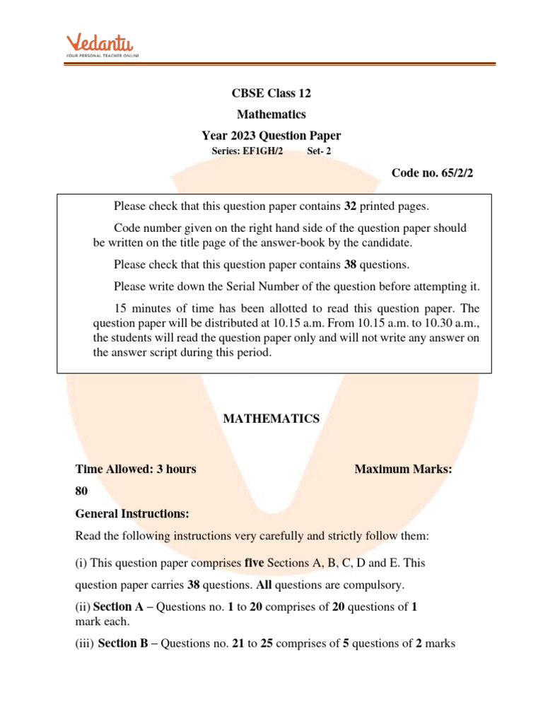 Cbse Class 12 Maths Set 2 Question Paper 2023 | PDF | Trigonometric Functions | Mathematical Objects