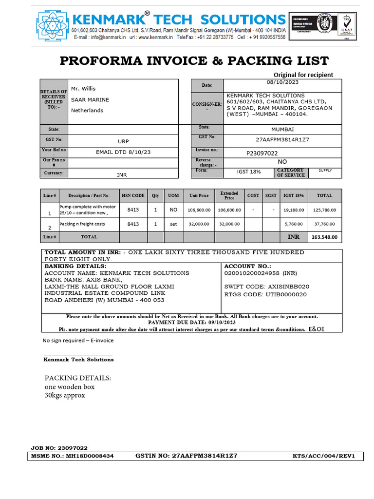 6055 PROFORMA INVOICE Packing List | PDF | Financial Services | Service Industries