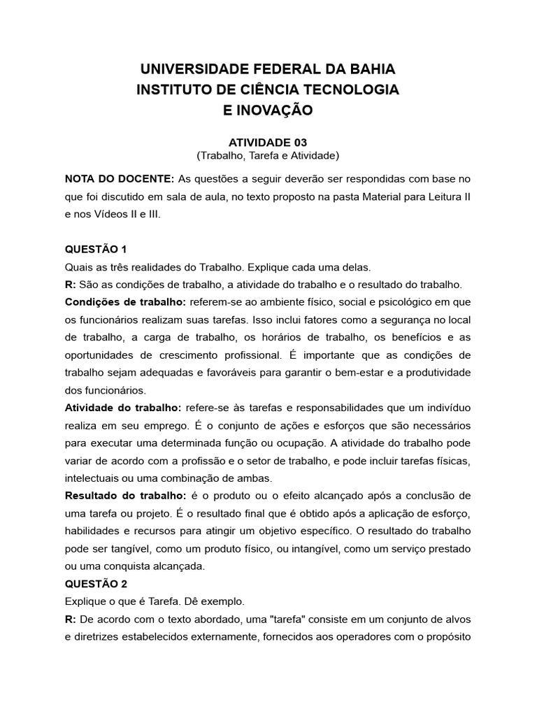 Atividade 03 - TRABALHO, TAREFA E ATIVIDADE | PDF