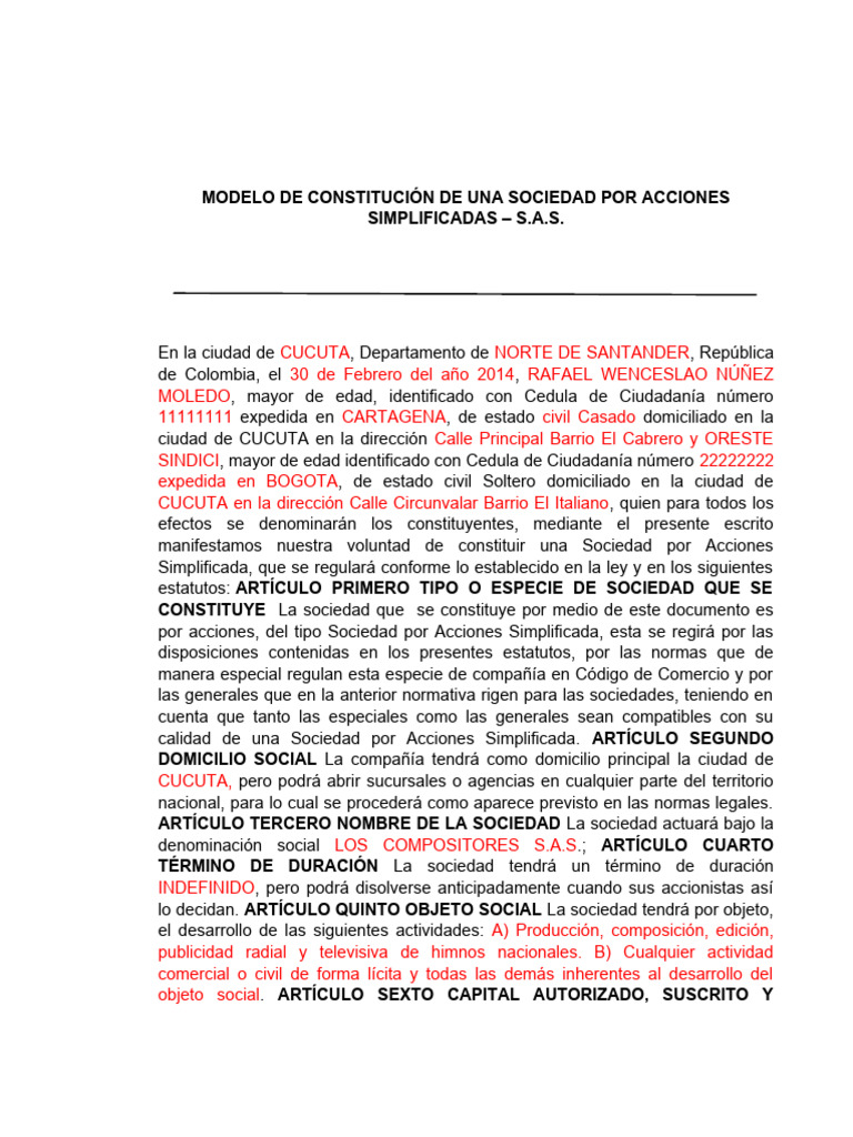 Documento de Constitución Escritura SAS | PDF | Sociedad de responsabilidad limitada | Presupuesto