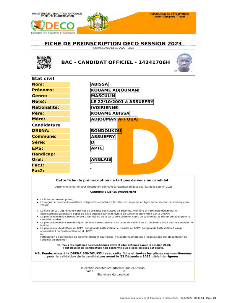 Fiche de Preinscription Deco Session 2023: Bac - Candidat Officiel - 14241706H | PDF
