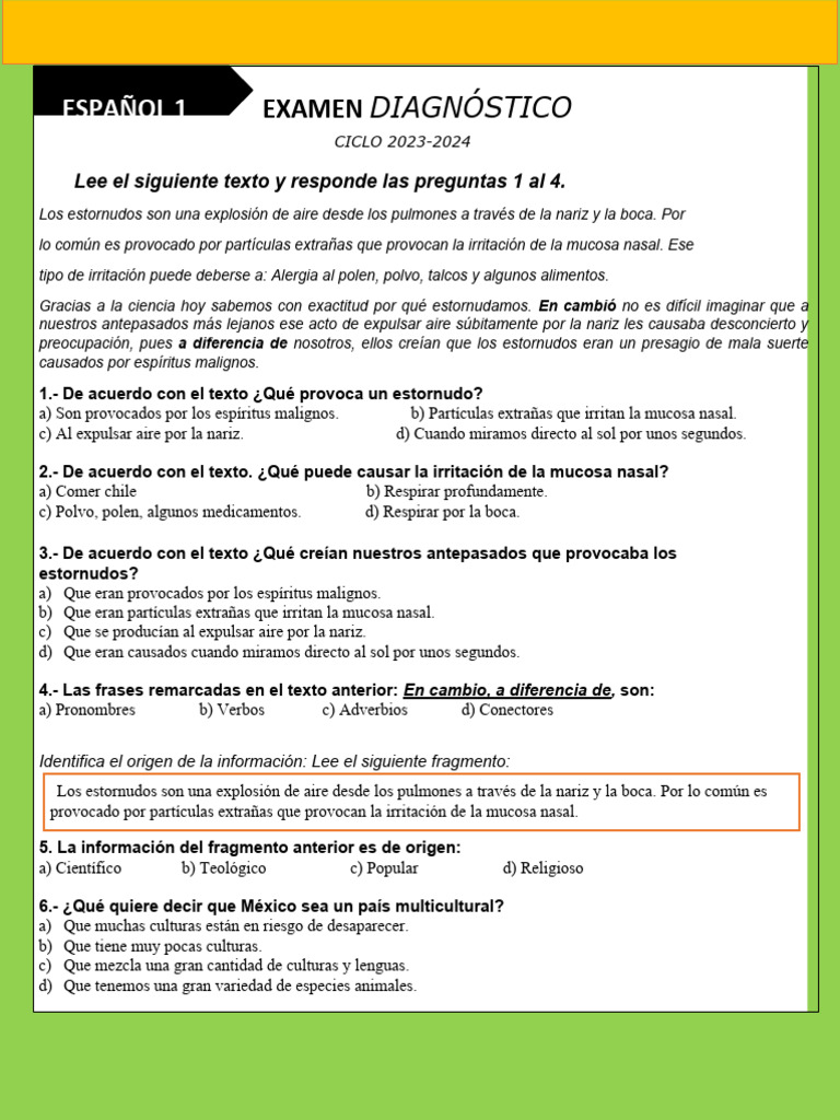 1o EXAMEN DIAGNOSTICO Español 1 | PDF | México