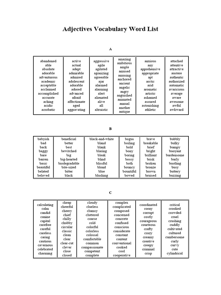 Adjectives Vocabulary Word List | PDF