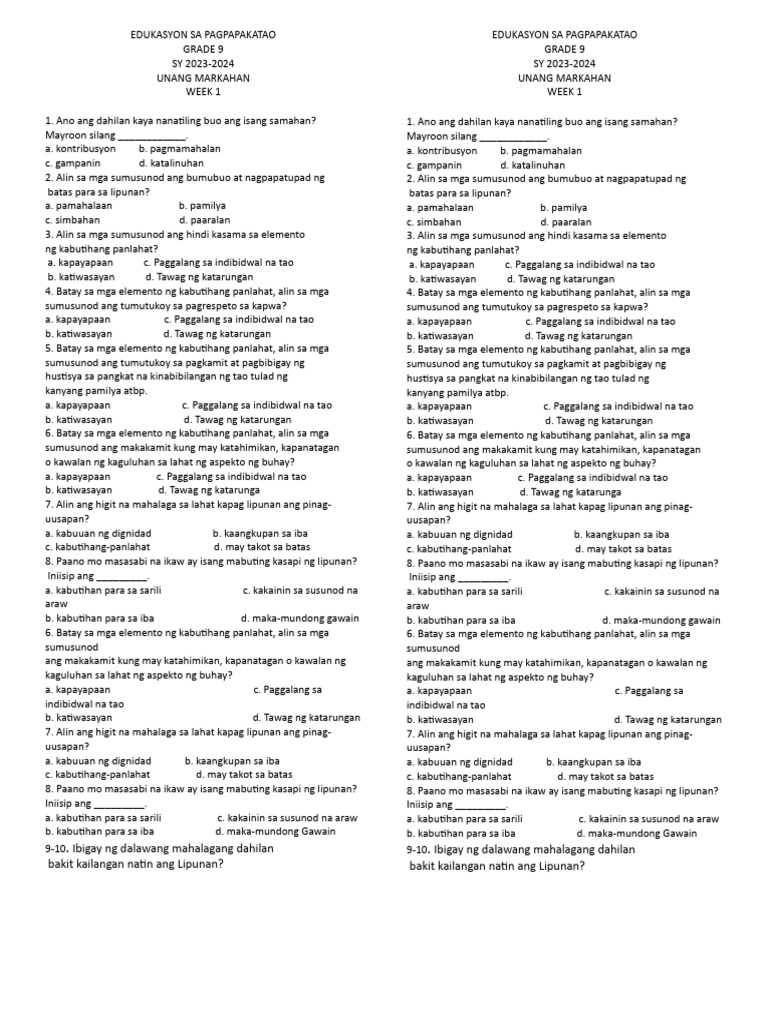 Esp 9-Q1 Week 1 Quiz | PDF