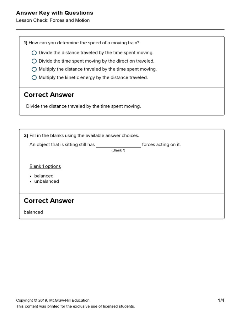 Lesson Check Answer Key Forces and Motion | PDF | Force | Mechanical ...