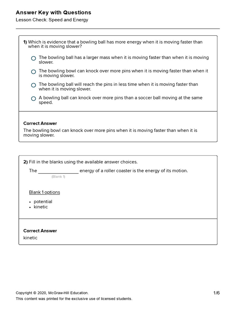 Lesson Check Answer Key Speed and Energy | PDF | Kinetic Energy | Friction