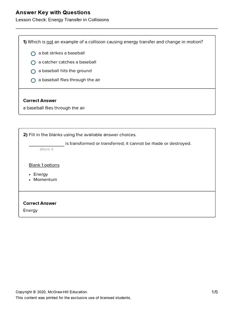 Lesson Check Answer Key Energy Transfer in Collisions | PDF | Collision ...