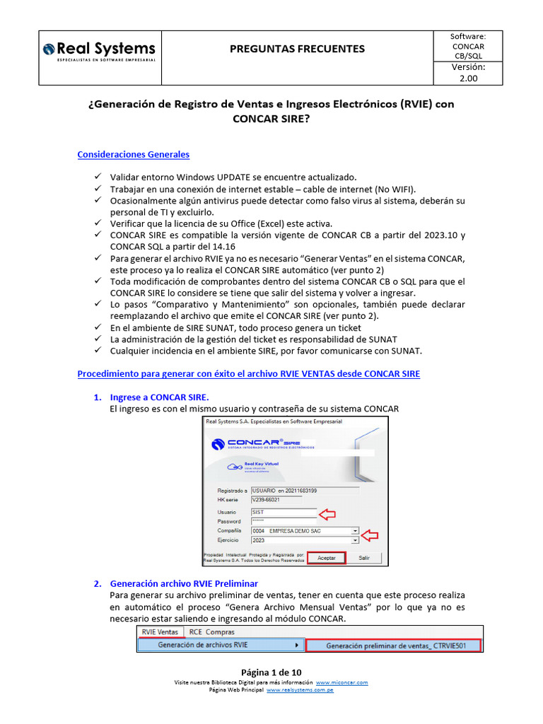 Cod.1170 D01157 Generacion de Registro de Ventas e Ingresos Electronicos-RVIE Con CONCAR SIRE CB ...