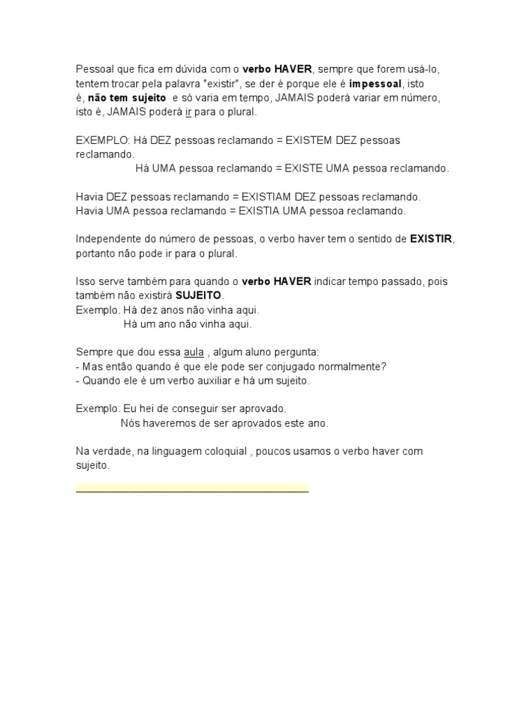 verbo haver | Tempo Gramatical | Assunto (Gramática) | Avaliação ...