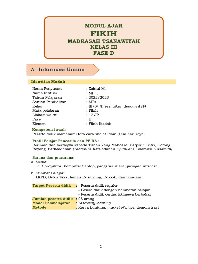Contoh Modul Ajar Fikih Mi 1 | PDF