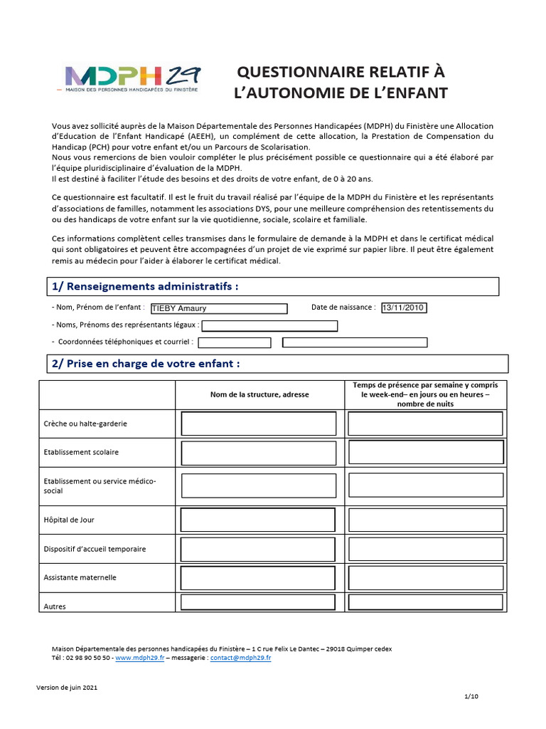 Questionnaire sur l'autonomie de l'enfant | PDF