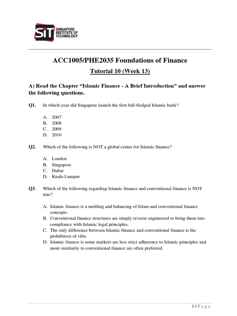 Tutorial Program Tute 10 (Week 13) | PDF | Islamic Banking And Finance | Financial Services