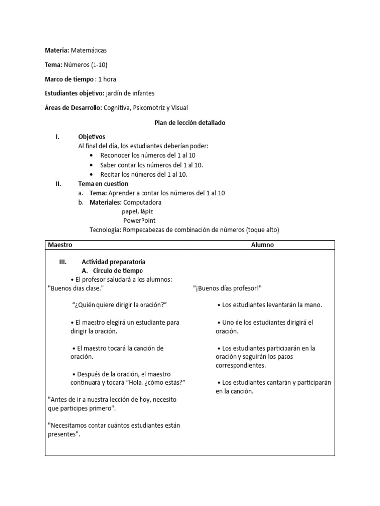 Plan de lección detallado (Contando números del 1 al 10)) | PDF