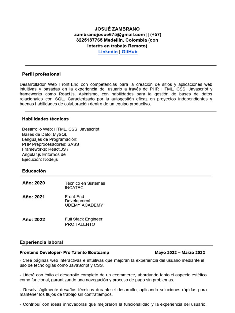 CV - Josué Zambrano2023 | PDF | Script Java | Red mundial