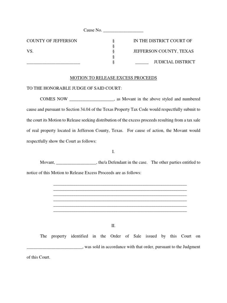 Motion To Release Excess Proceeds Form | PDF | United States District ...