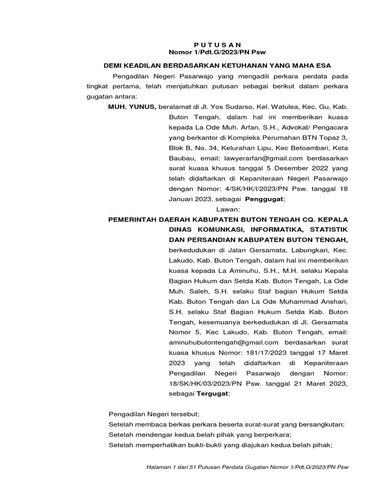 Salinan Putusan 1 PDT G 2023 PN PSW | PDF