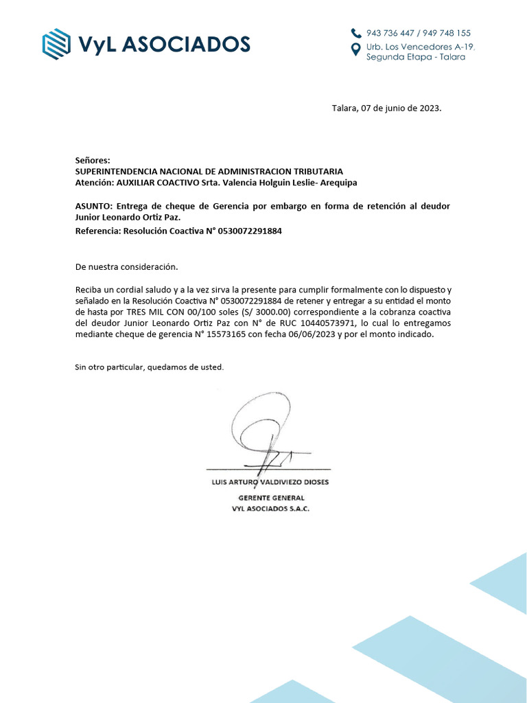 Carta Entrega Cheque Gerencia Sunat | PDF