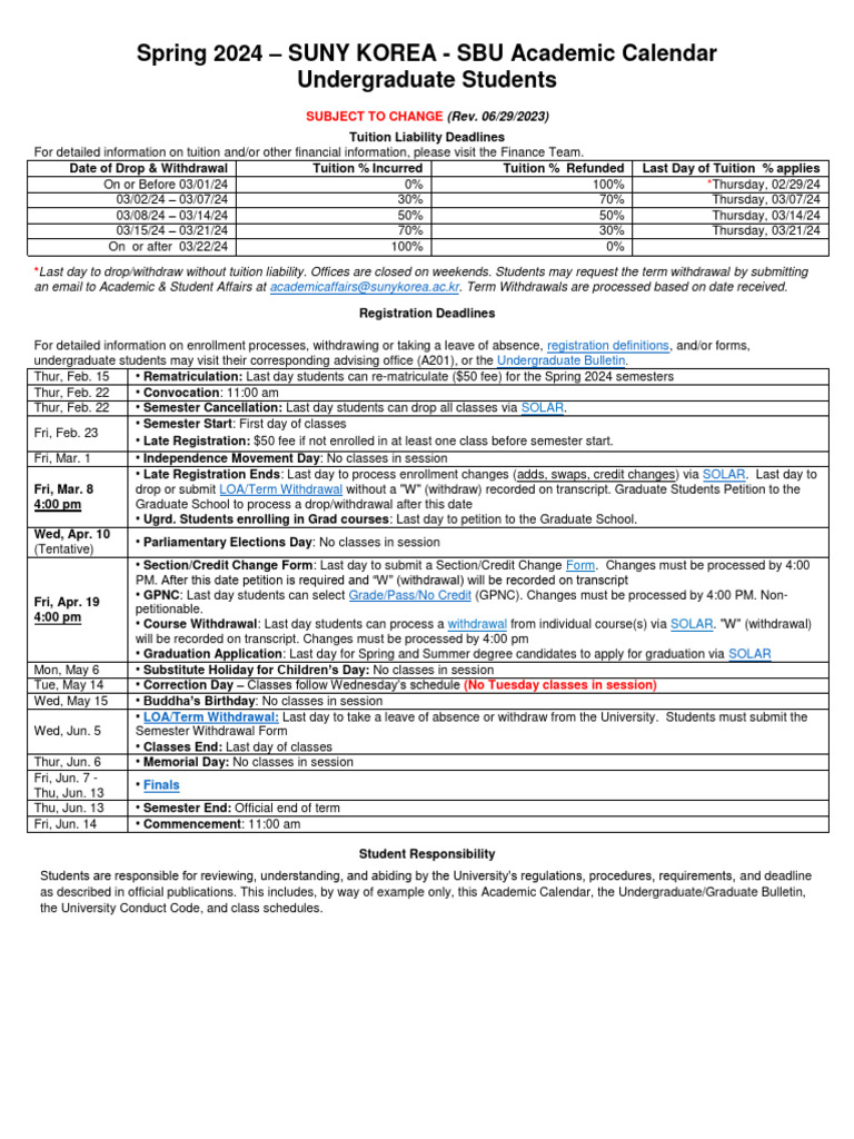 Suny Korea - Sbu Spring 2024 - Undergraduate | PDF | Academic Term