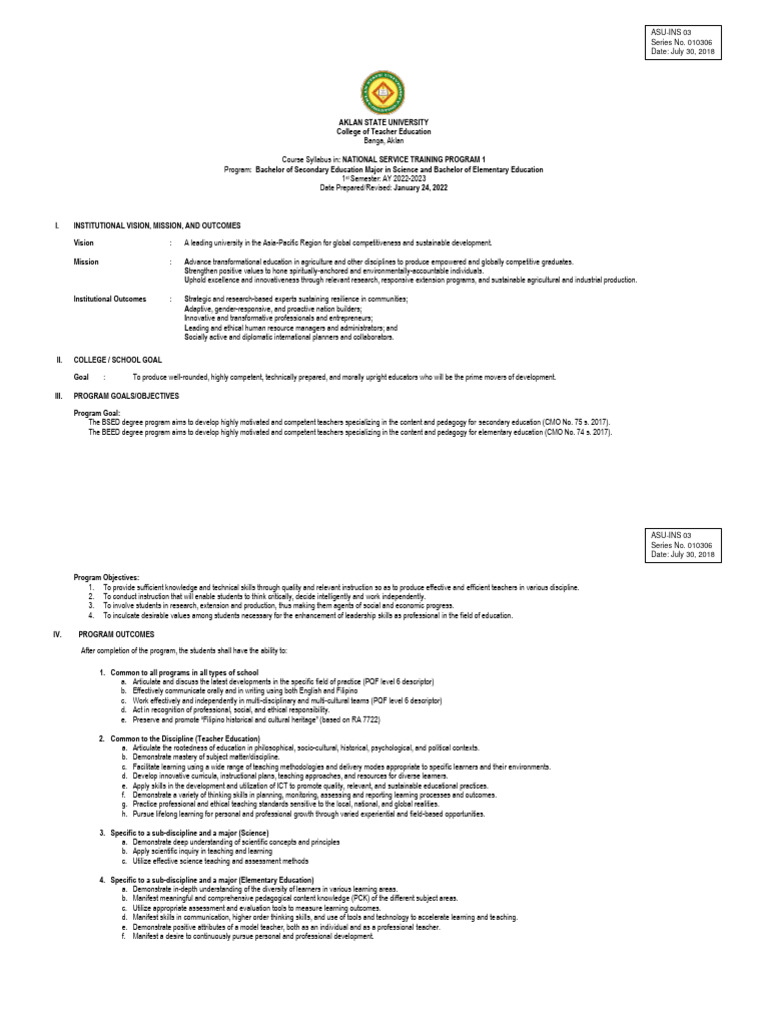 NSTP 1 Course Syllabus BSEd Science - BEEd | PDF