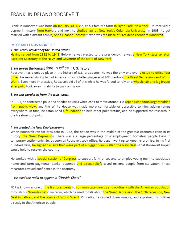 FRANKLIN DELANO ROOSEVELT - Summary | Download Free PDF | Franklin D. Roosevelt