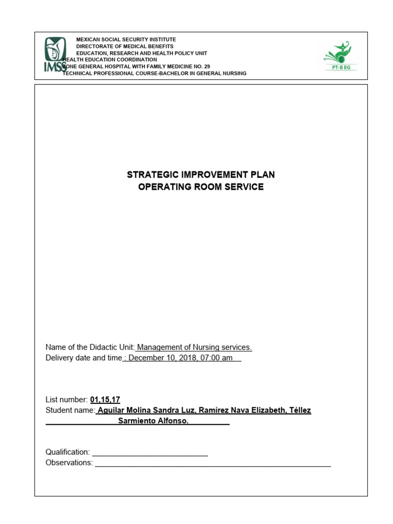 Operating Room Service Improvement Plan | PDF | Medicine | Nursing
