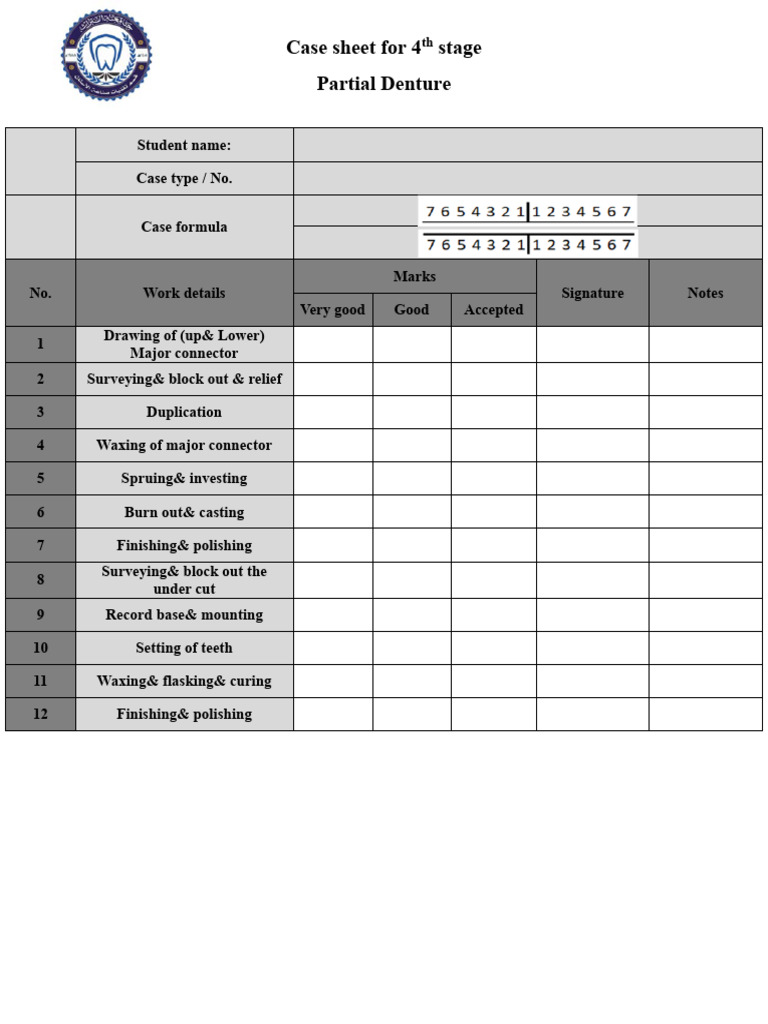 Case Sheet For 4th Stage Partial Denture | PDF
