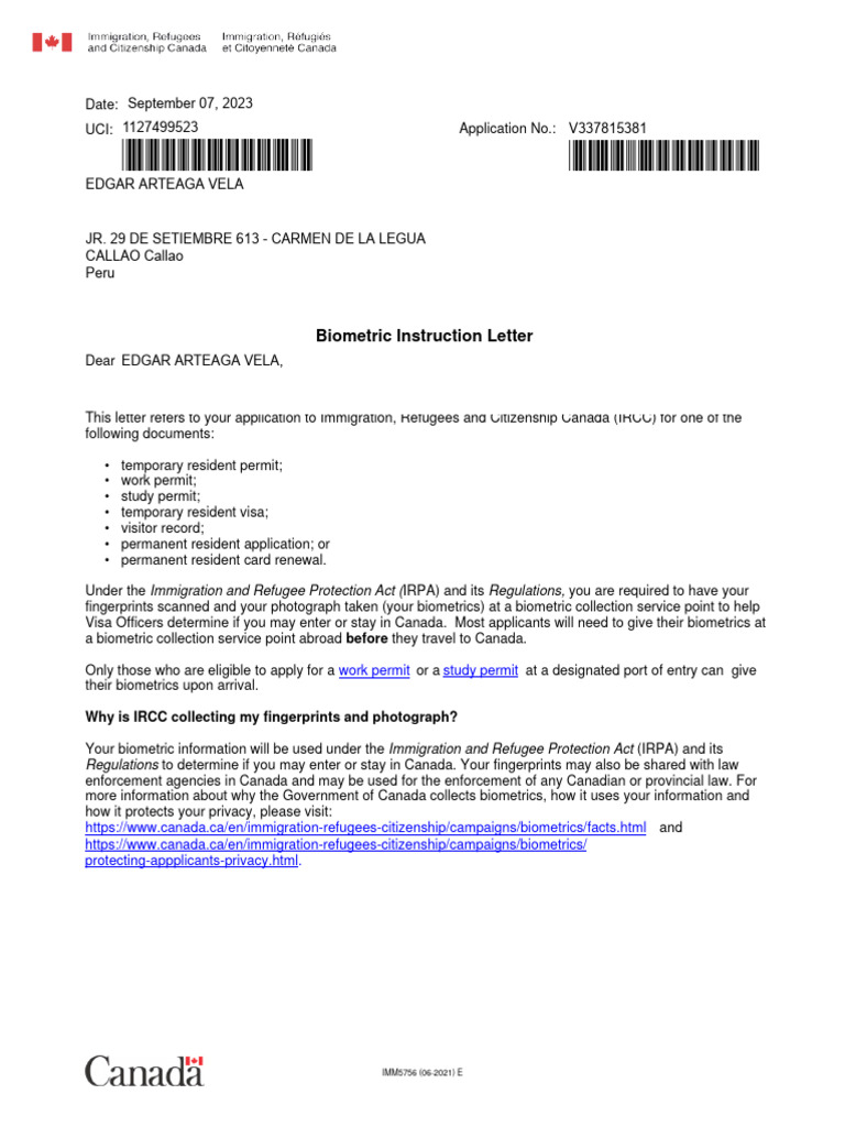 Biometric Instruction Letter - Edgar | PDF