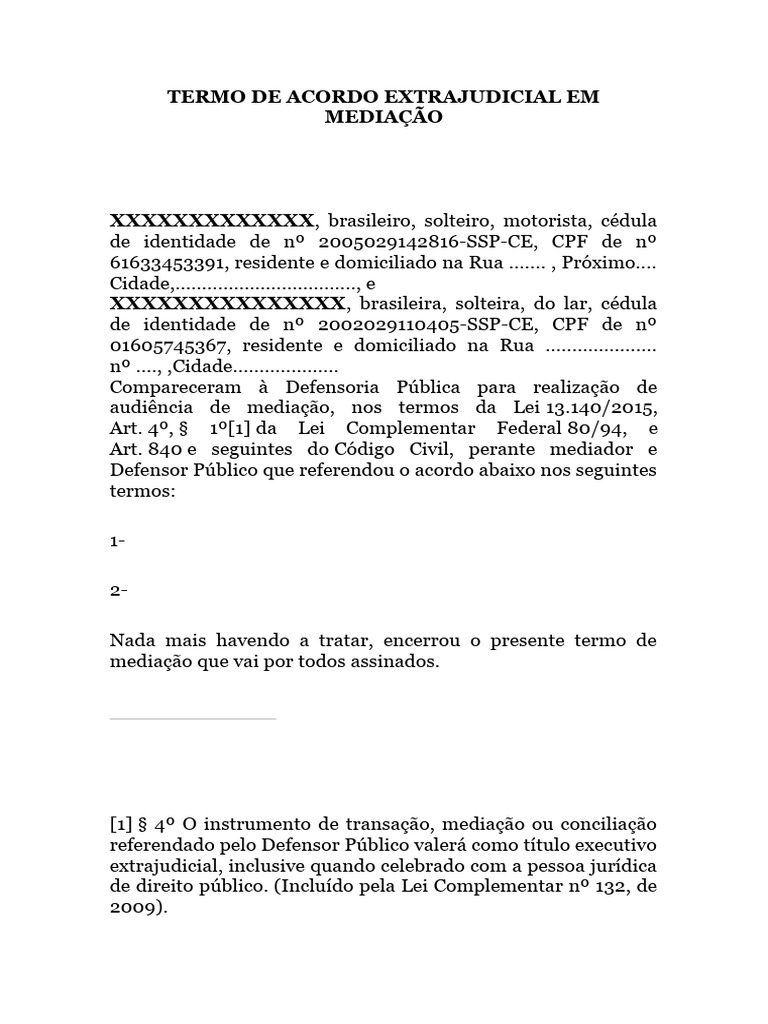 TERMO DE ACORDO EXTRAJUDICIAL EM MEDIAÇÃO | PDF