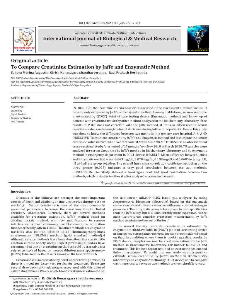 To Compare Creatinine Estimation by Jaffe and Enzymatic Method | PDF