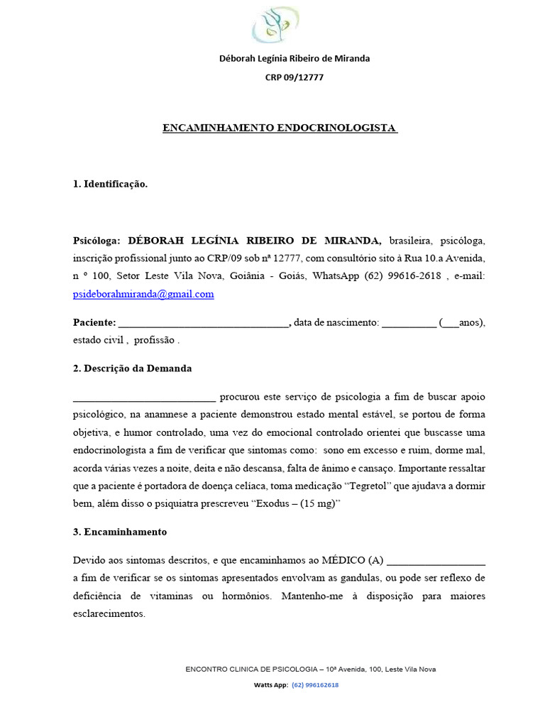 ENCAMINHAMENTO PELO PSICÓLOGO AO ENDOCRINOLOGISTA | PDF | Psicologia ... ENCAMINHAMENTO PELO PSICÓLOGO AO ENDOCRINOLOGISTA | PDF | Psicologia ...