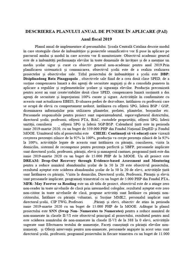 PLAN ANUAL DE IMPLEMENTARE Narațiune | PDF