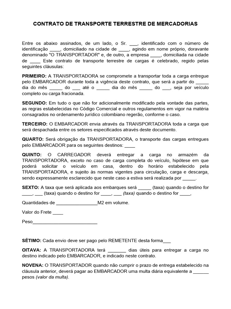 Modelo de Contrato de Transporte (Carga Terrestre) | PDF | Transporte ... Modelo de Contrato de Transporte (Carga Terrestre) | PDF | Transporte ...