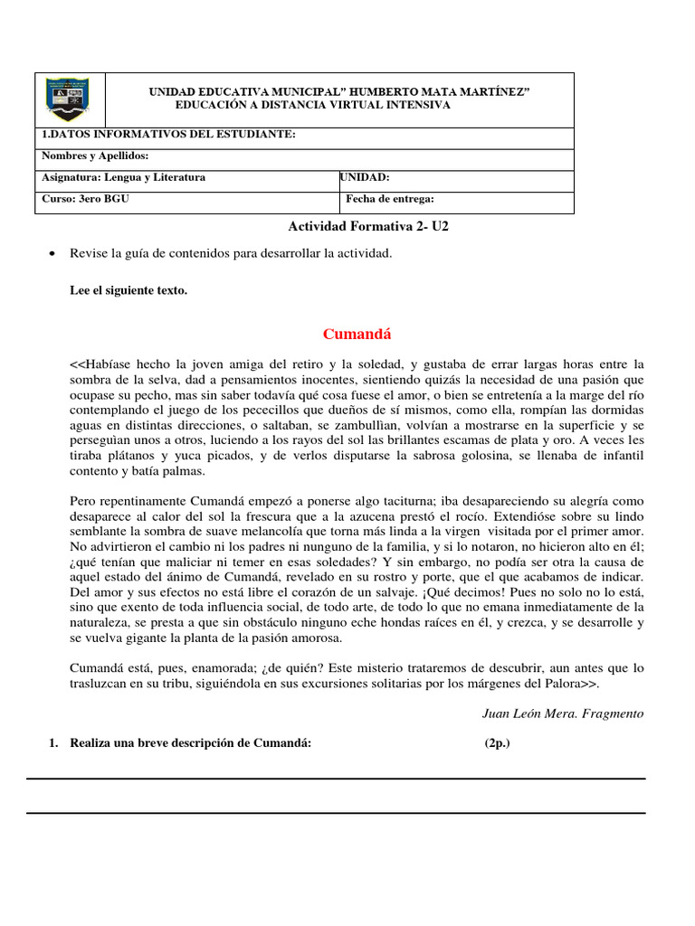 Actividad Formativa 2 - U2 3eroBGU | PDF