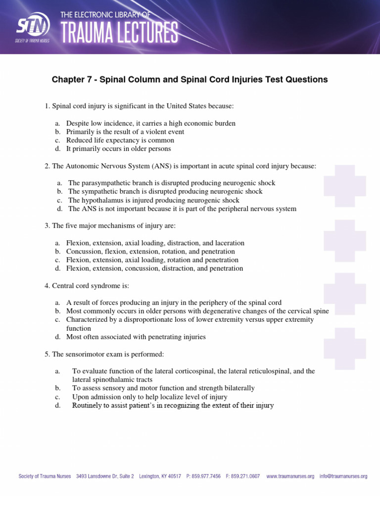 7 - Spinal Column and Spinal Cord Injuries Test | PDF | Spinal Cord ...