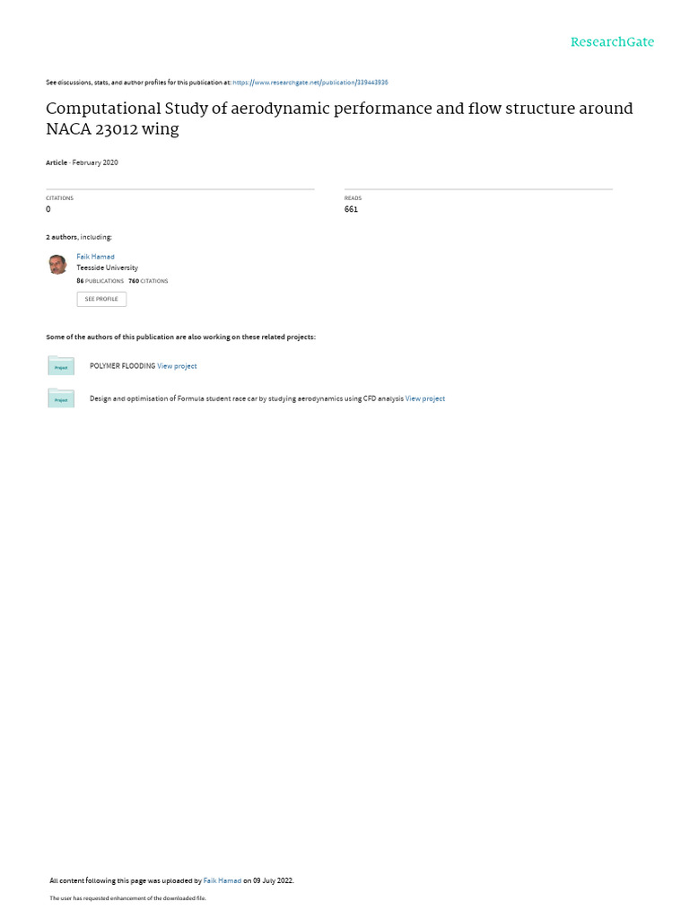 Computational Study of Aerodynamic Performance and Flow Structure Around NACA 23012 Wing | PDF