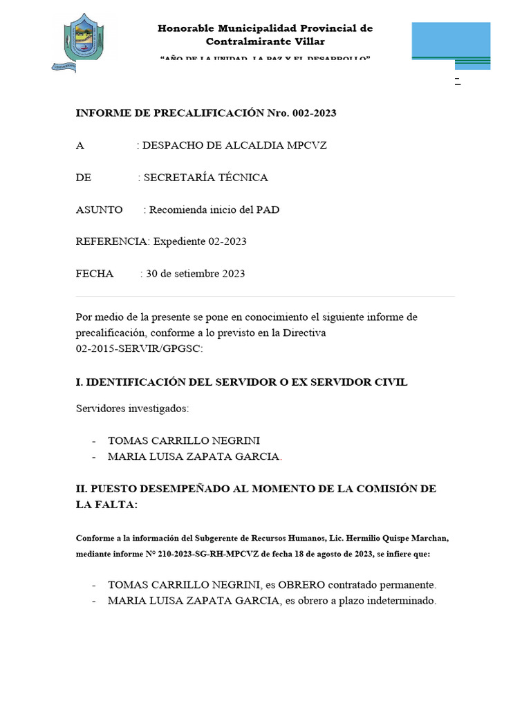 Informe De Precalificación 002 2023 Recomendando El Inicio Del Pad Pdf