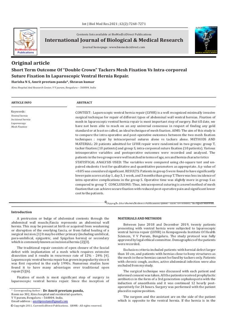 Short Term Outcome of "Double Crown" Tackers Mesh Fixation Vs Intra-Corporeal Suture Fixation in ...