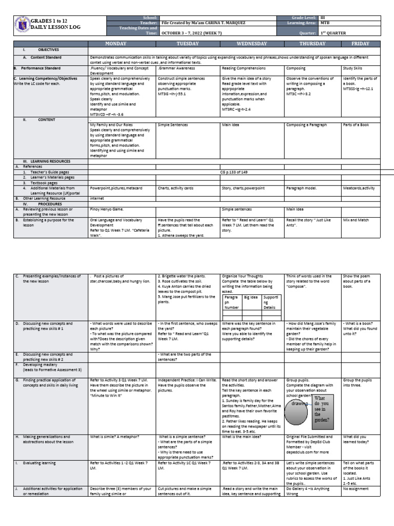 DLL - MTB 3 - Q1 - W7 | PDF | Reading Comprehension | Human Communication