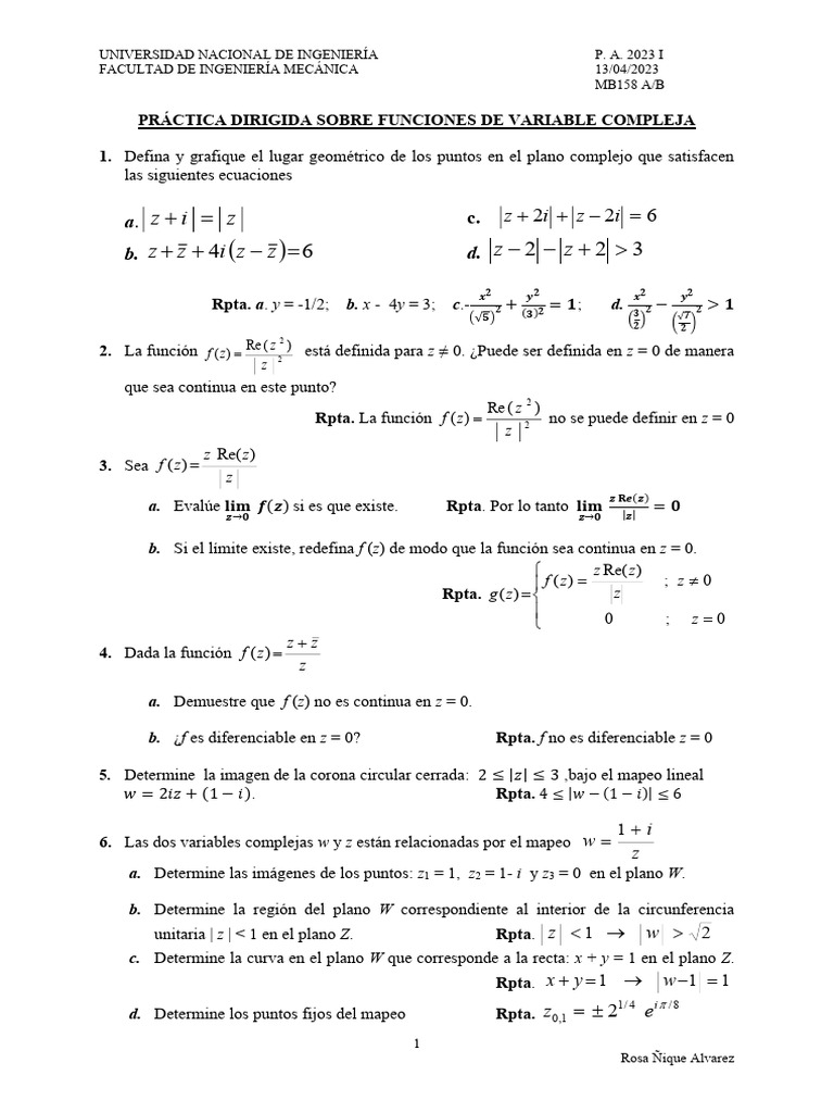 PD 1 Funciones Complejas - 2023 I (Enun) | PDF | Función (Matemáticas) | Geometría
