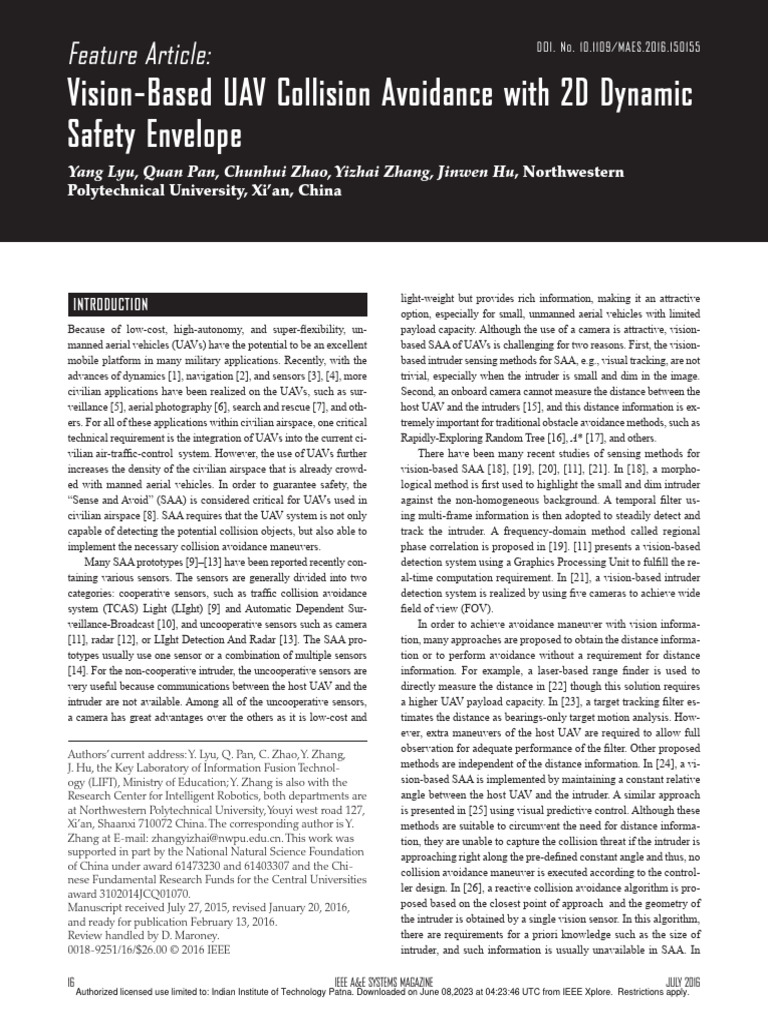 Vision Based Uav Collision Avoidance With 2d Dynamic Safety Envelope